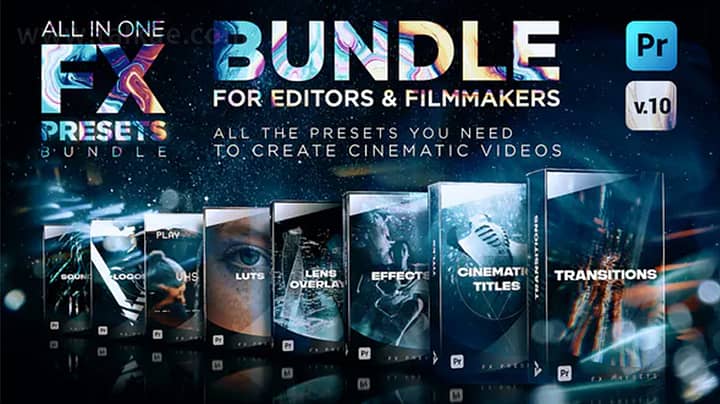 PR模板-FX Presets Pack V12 视觉特效电影文字标题转场素材背景音效调色预设-韬客AE