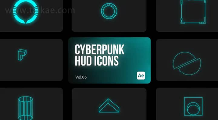 AE模板-Cyberpunk HUD Icons 150个赛博朋克科技感辉光HUD图标图形元素包-韬客AE