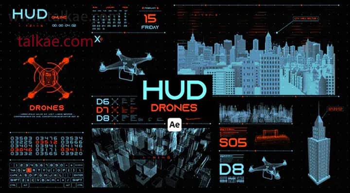 AE模板-HUD Drones 科技感城市建筑无人机主题元素全息HUD屏幕界面-韬客AE