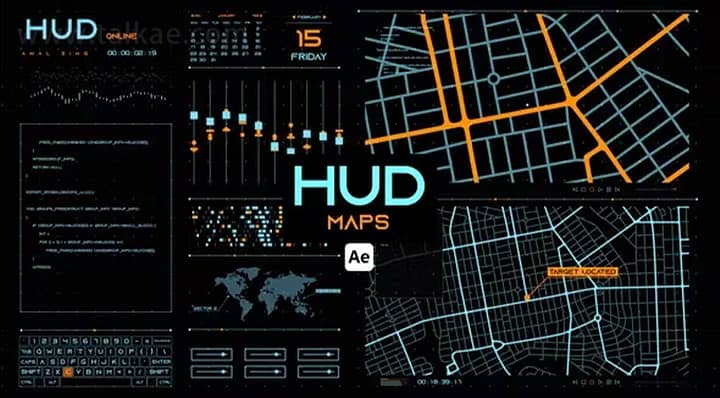 AE模板-HUD Maps 科技感HUD城市地图定位军事游戏屏幕界面元素-韬客AE