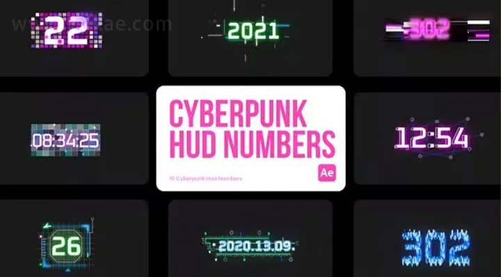 AE模板-HUD Numbers 赛博朋克数字科技感HUD辉光计时加载界面元素-韬客AE